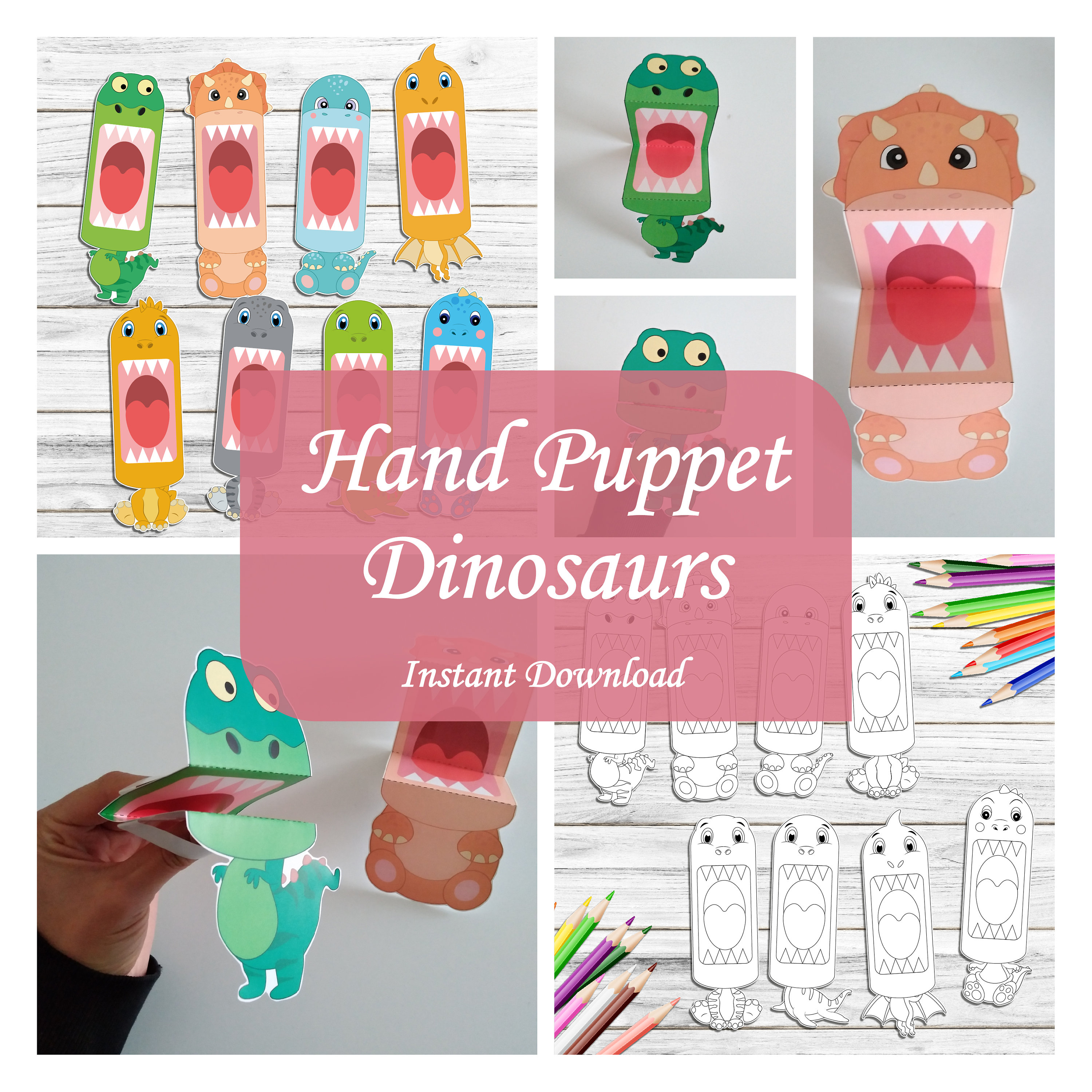 Dinosaur Paper Hand Puppets: Kids' Craft Coloring Page (digital File ...