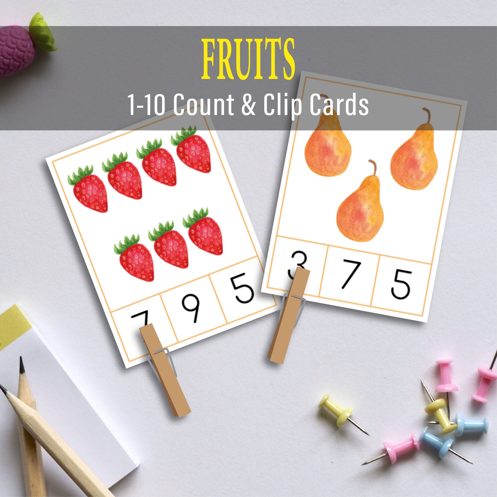 FRUITS 1-10 Count and Clip Cards Watercolor Printable Number Toddler ...