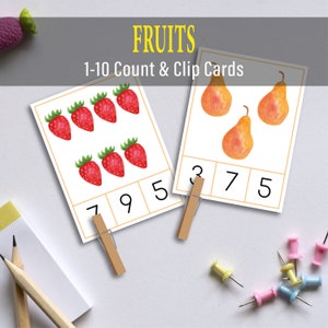 FRUITS 1-10 Count and Clip Cards Watercolor Printable Number Toddler ...