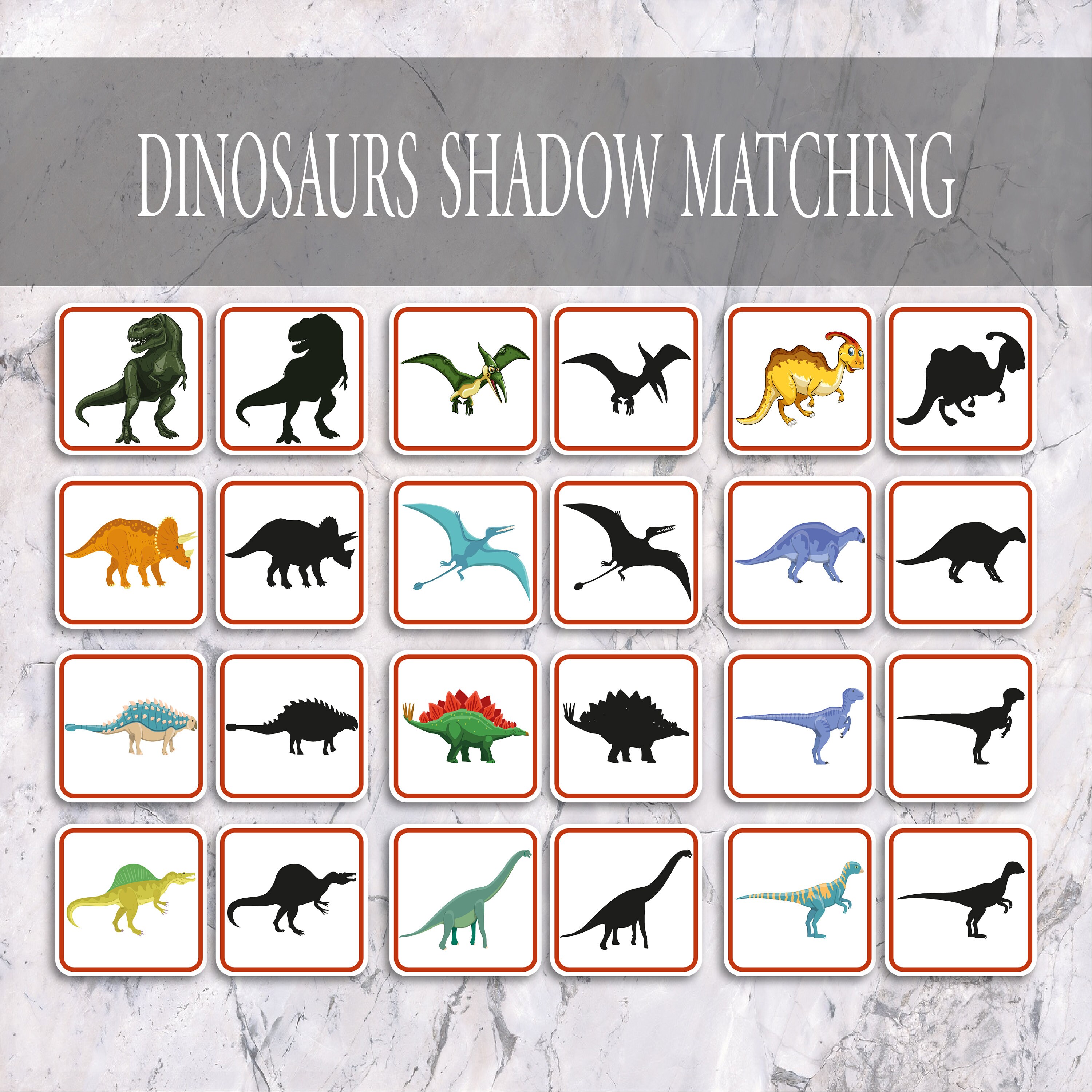 Dinosaurs Shadow Matching Game Cards, Montessori Toddler Matching Game ...