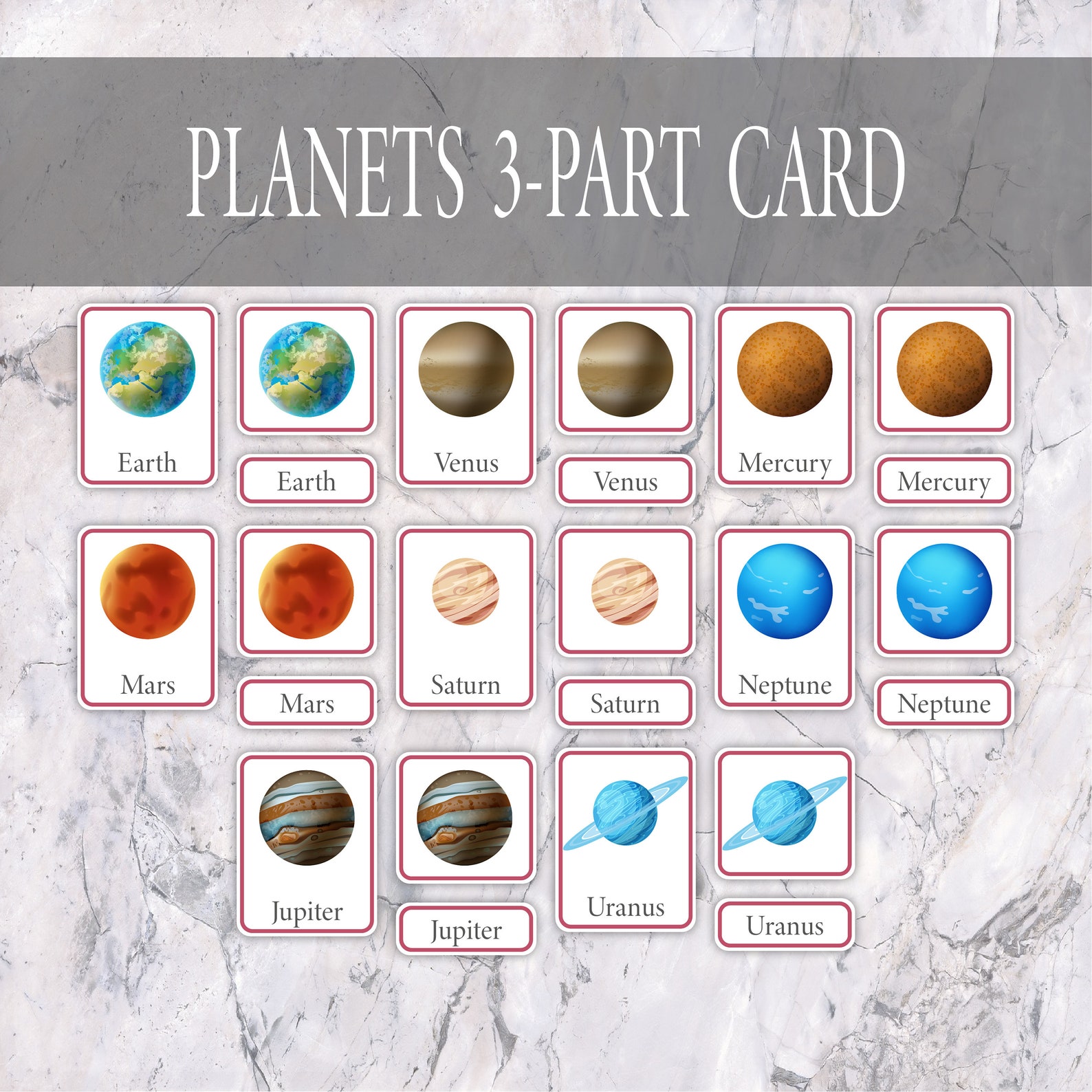 PLANETS Solar System Three Part Flash Cards Montessori - Etsy