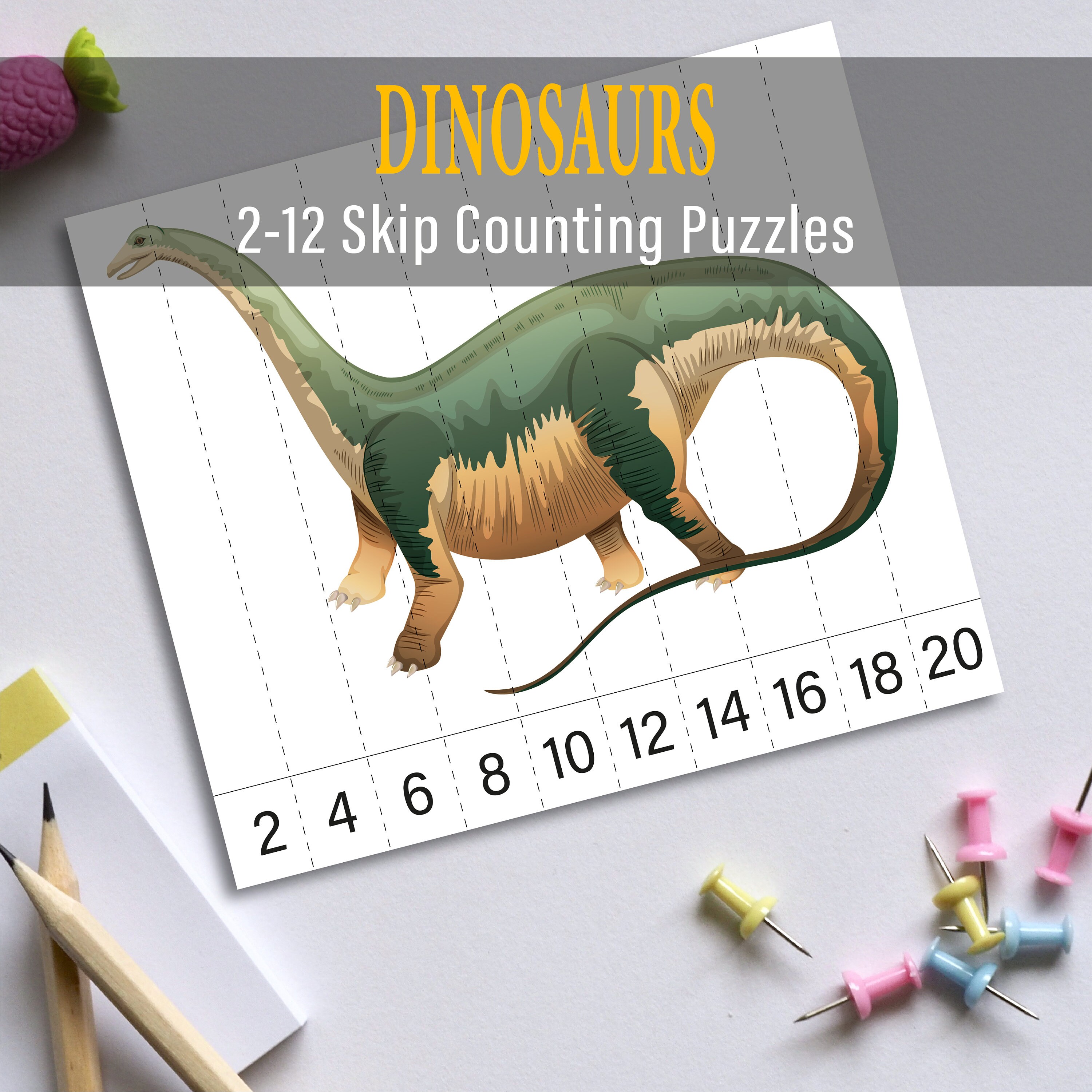 DINOSAURS 2-12 Skip Counting Sequence Number Puzzle Printable Toddler ...