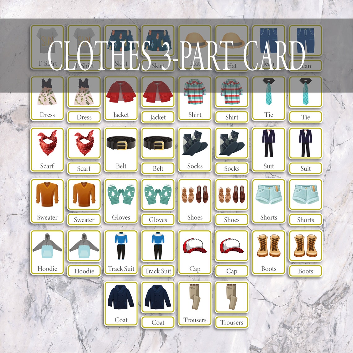 CLOTHES Three Part Flash Cards Montessori Toddler Printable - Etsy