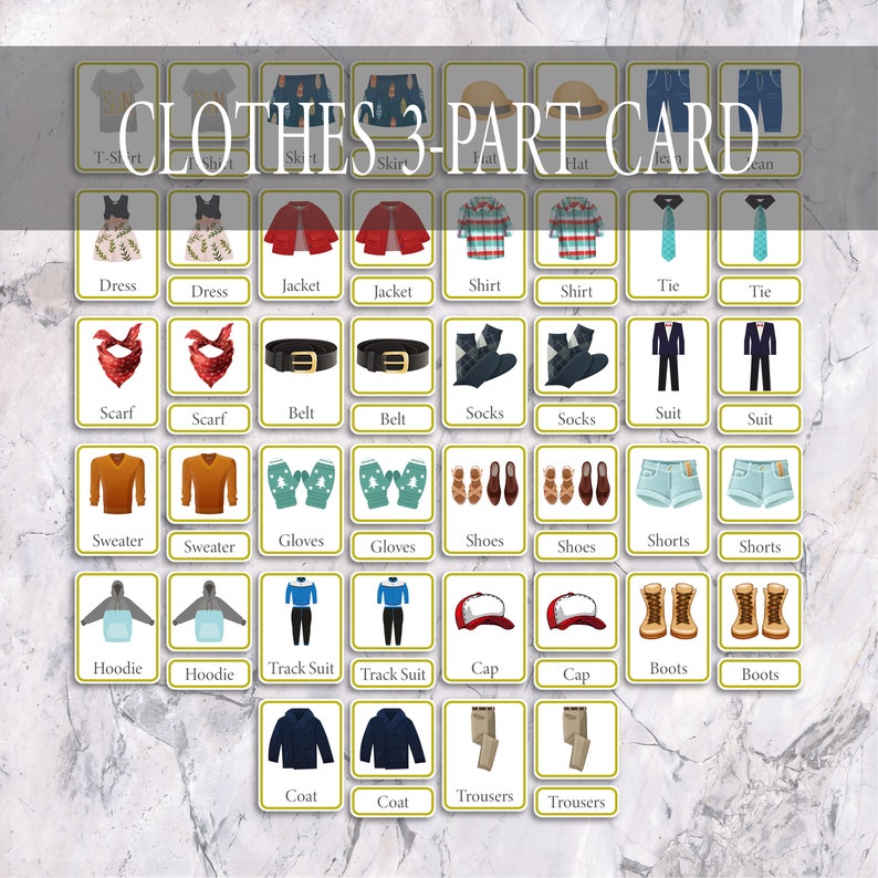 CLOTHES Three Part Flash Cards, Montessori Toddler Printable Flashcard ...
