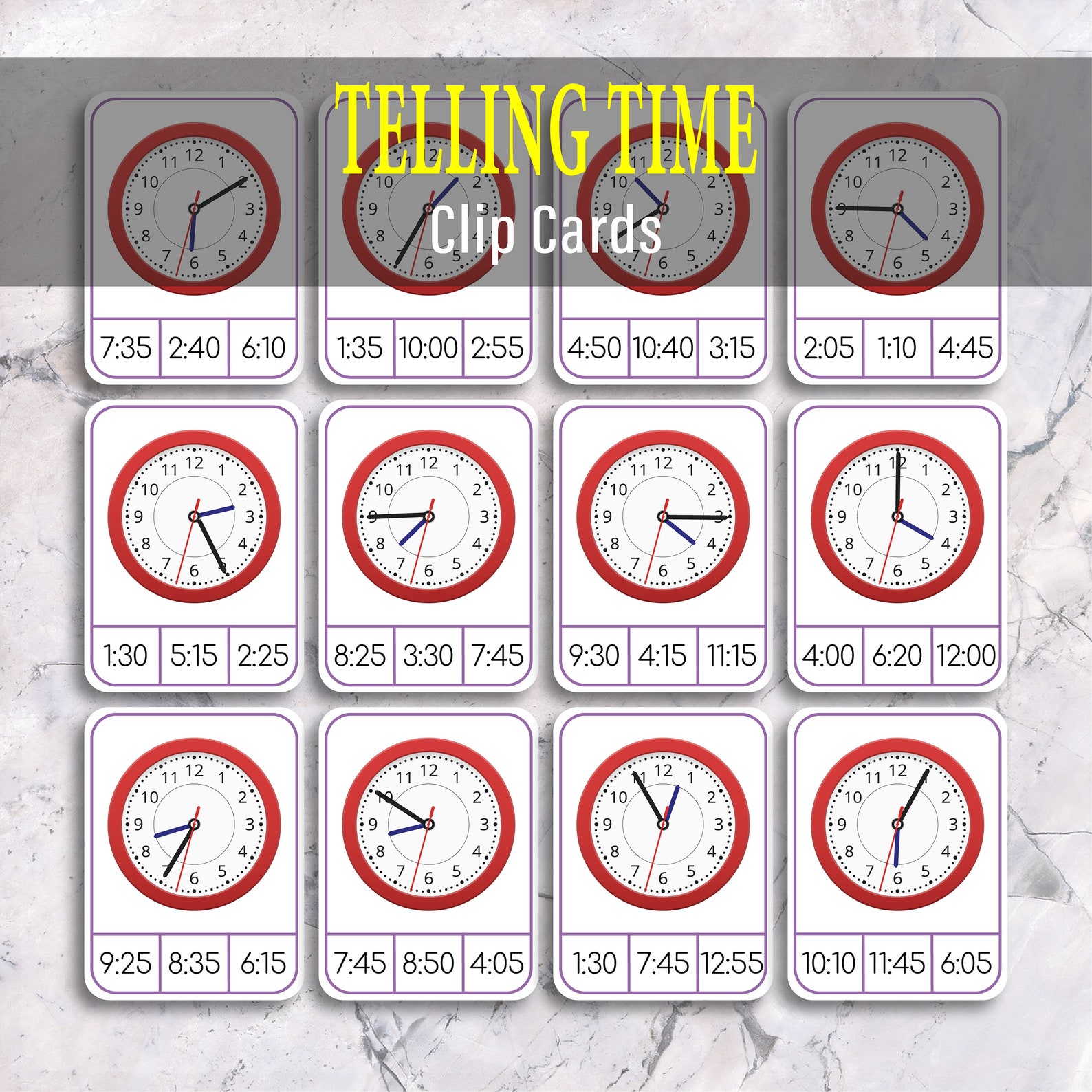 TELLING TIME 32 Cards Clip Cards Clock Flash Cards | Etsy