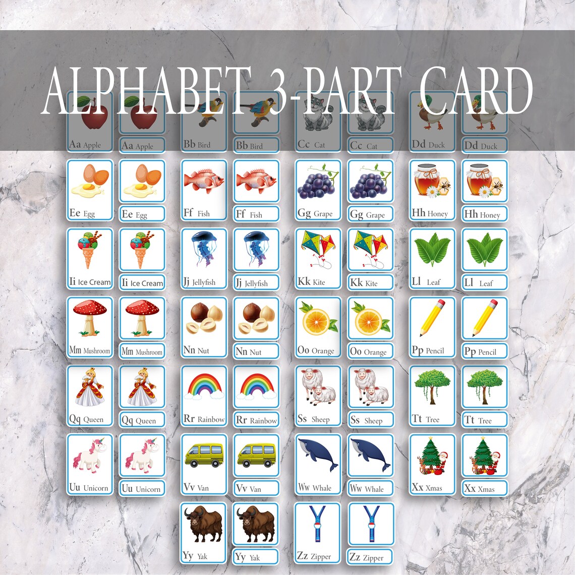 ALPHABET Printable Flashcards Montessori Three Part ABC - Etsy
