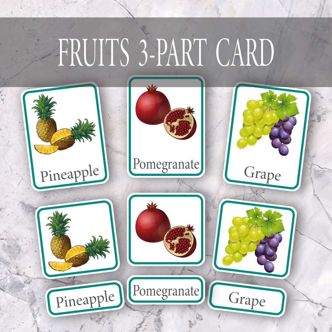 FRUITS Three Part Flash Cards, Montessori Preschool Toddler Flashcard ...