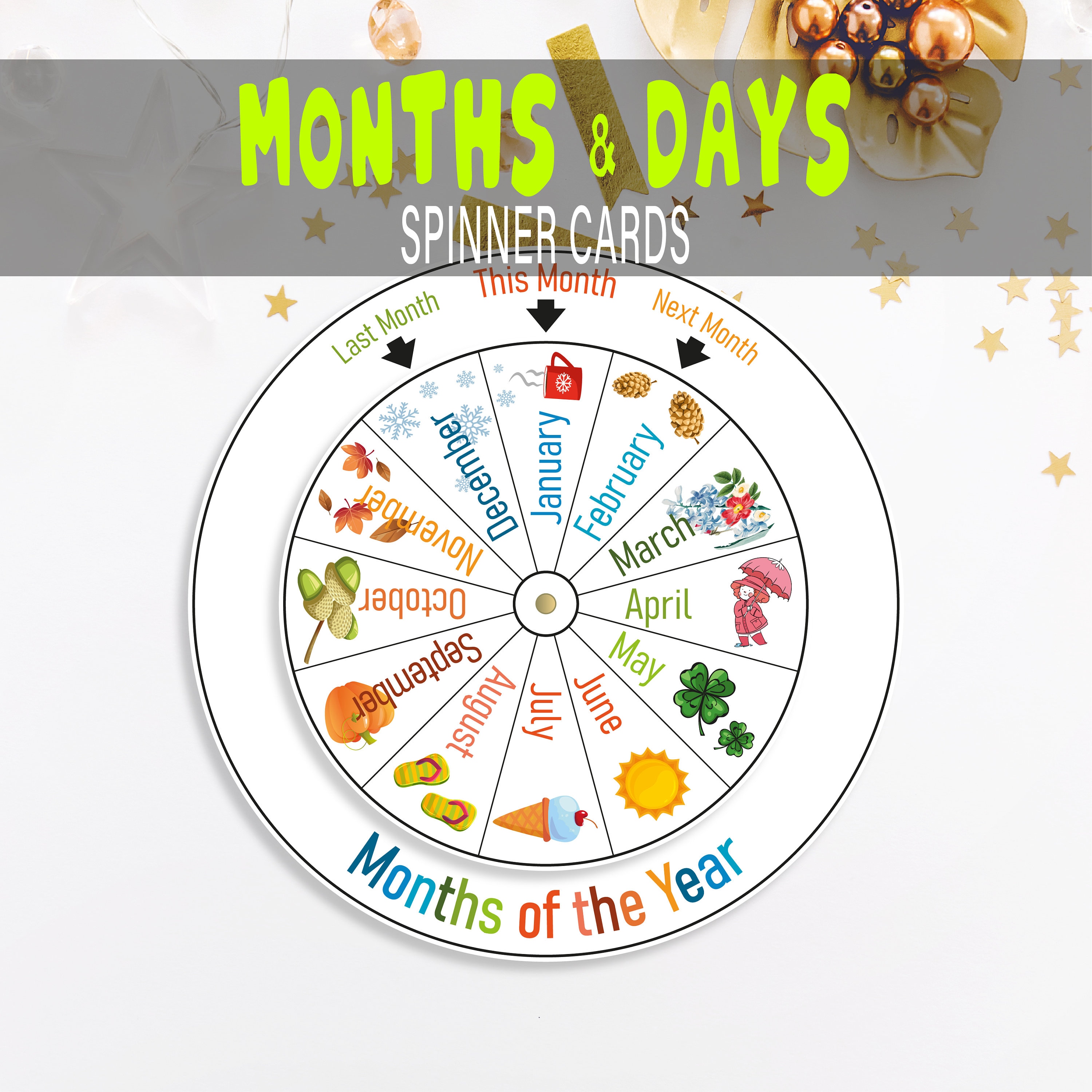 MONTHS AND DAYS Spinner Cards Printable Toddler Busy Book, Montessori ...