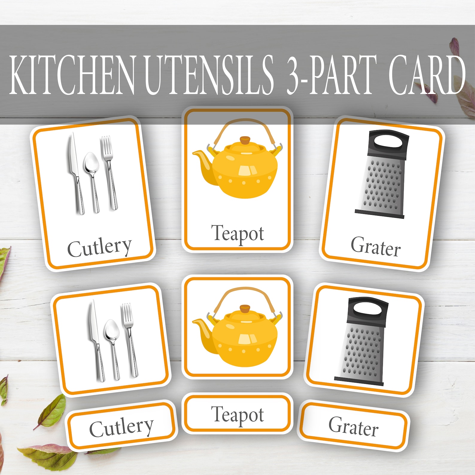 KITCHEN APPLIANCES Utensils Three Part Flash Cards, Montessori Toddler ...