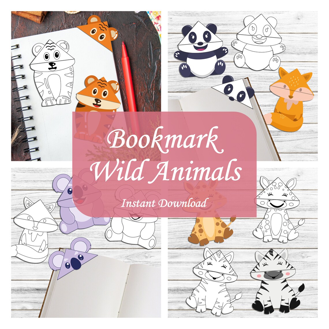 Jungle Animal Printable Bookmark Templates: Kids Paper Craft (instant ...