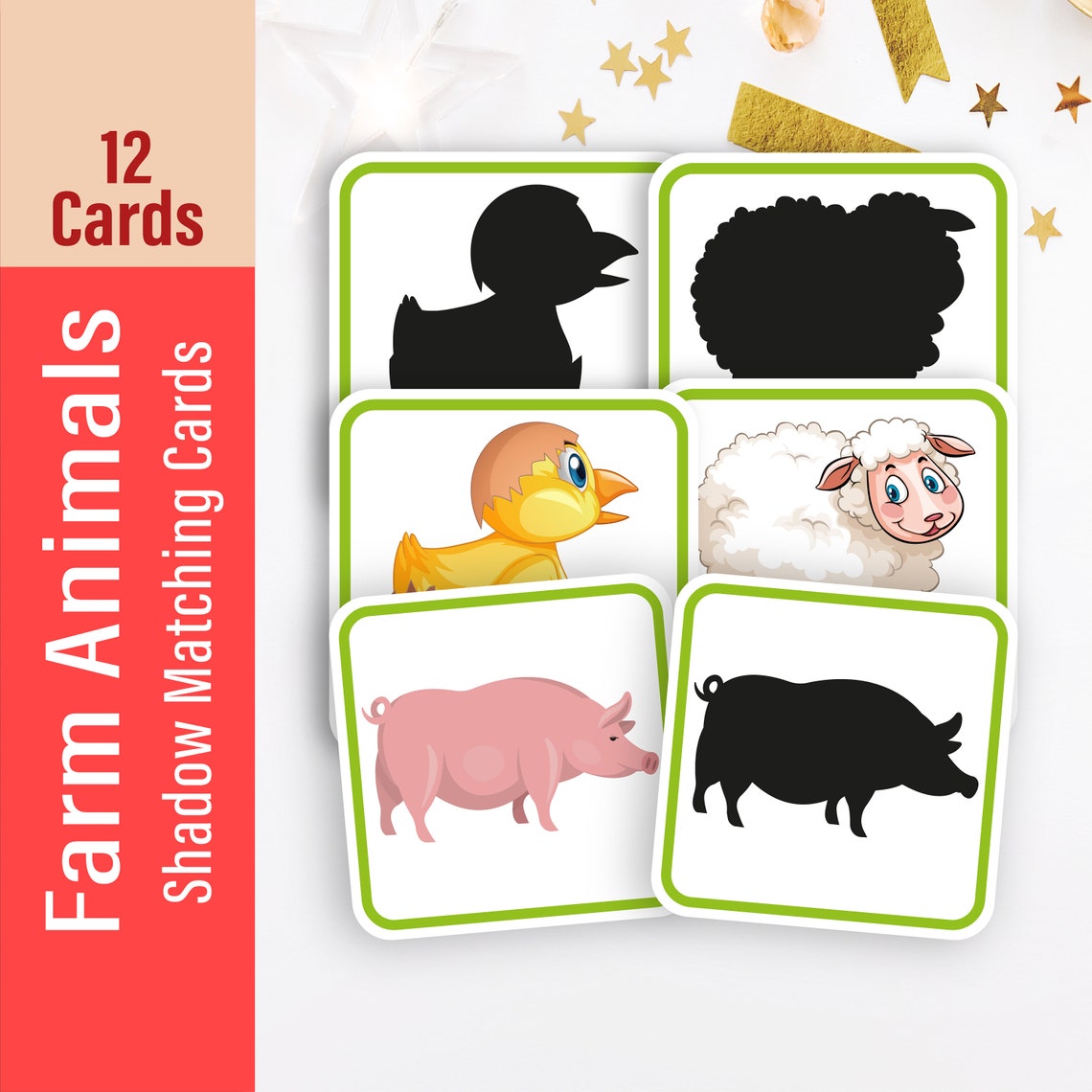 Farm Animals Shadow Matching Game Cards, Montessori Toddler Matching ...