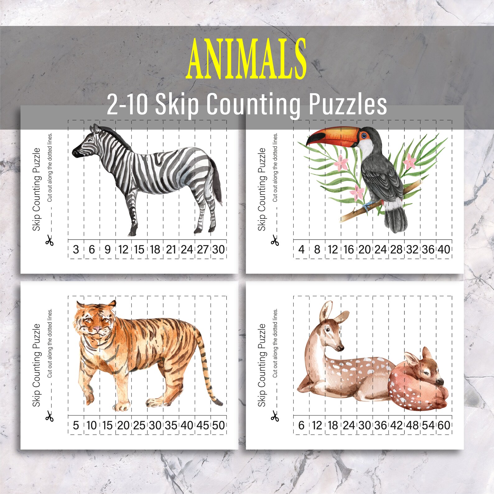 ANIMALS 2-10 Skip Counting Sequence Number Puzzle Printable | Etsy