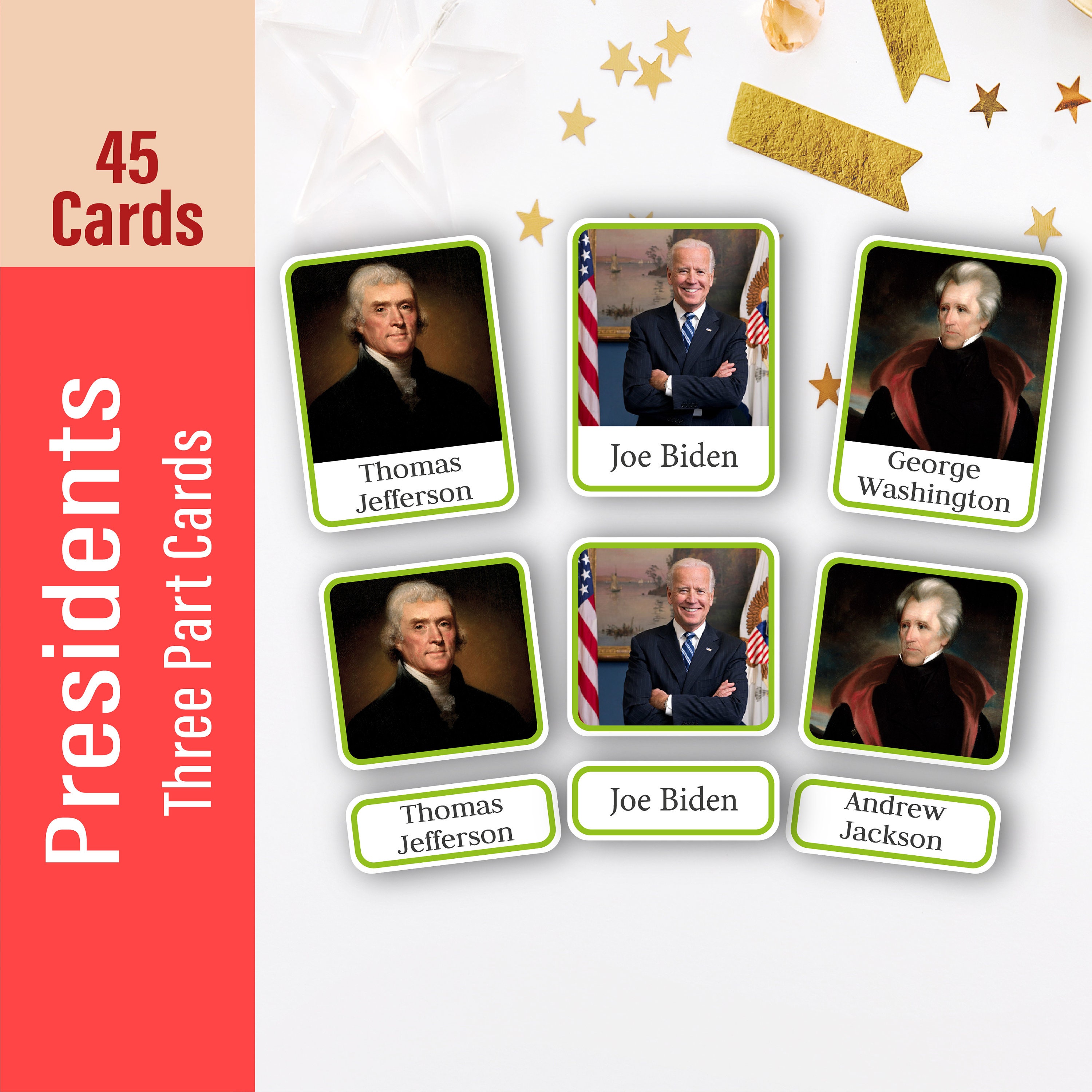 UNITED STATES PRESIDENTS Three Part Flash Cards, Montessori Toddler ...