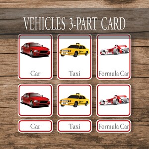 VEHICLES Three Part Flash Cards, Montessori Toddler Flashcard for Kid ...