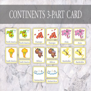 CONTINENTS of the WORLD Three Part Flash Cards, Printable World Map ...