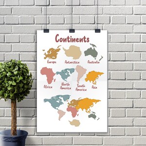 Continents of the World Map Printable Poster, Homeschool Kids Decor ...