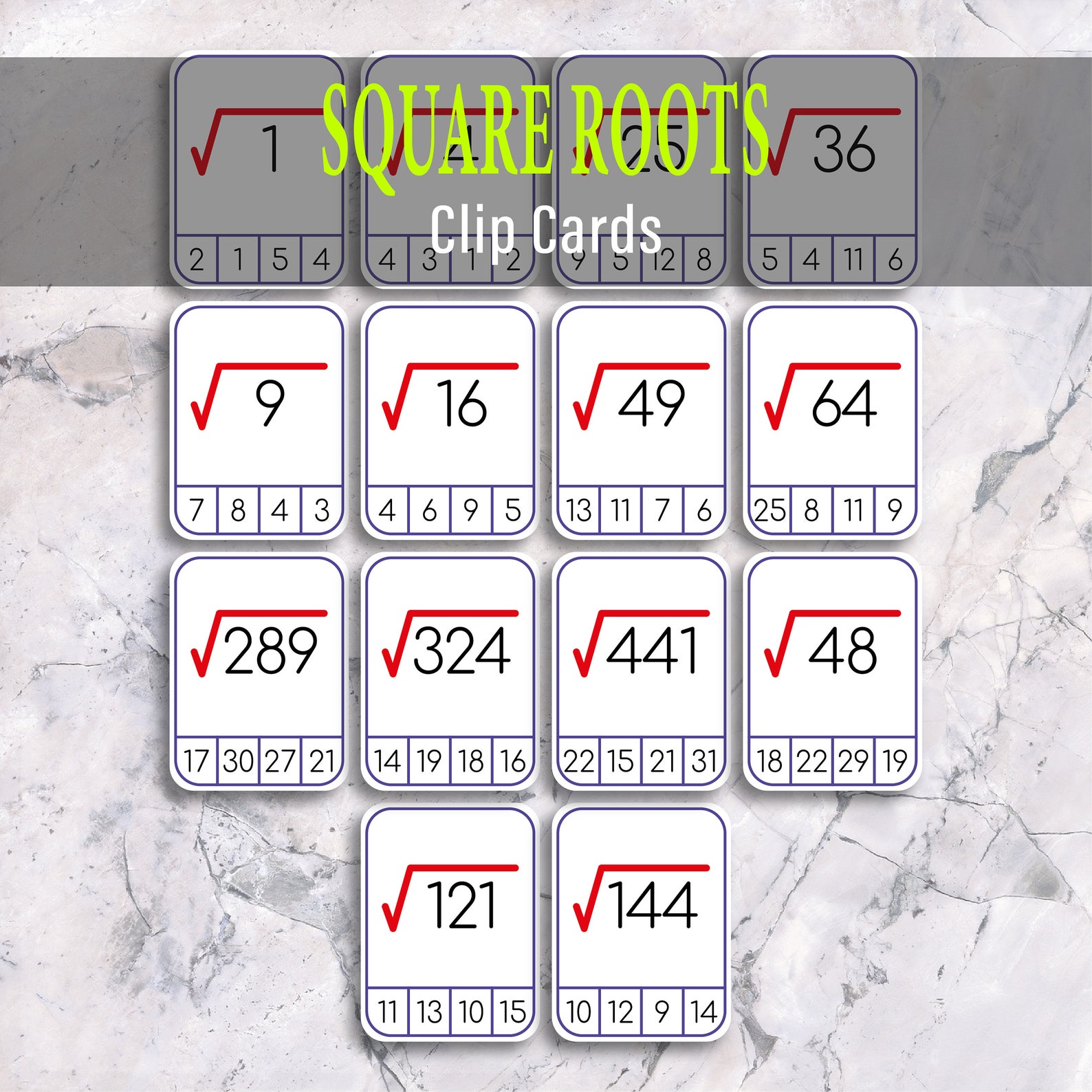 SQUARE ROOTS (32 Cards) Clip Cards, Math Flash Cards, Printable Toddler ...