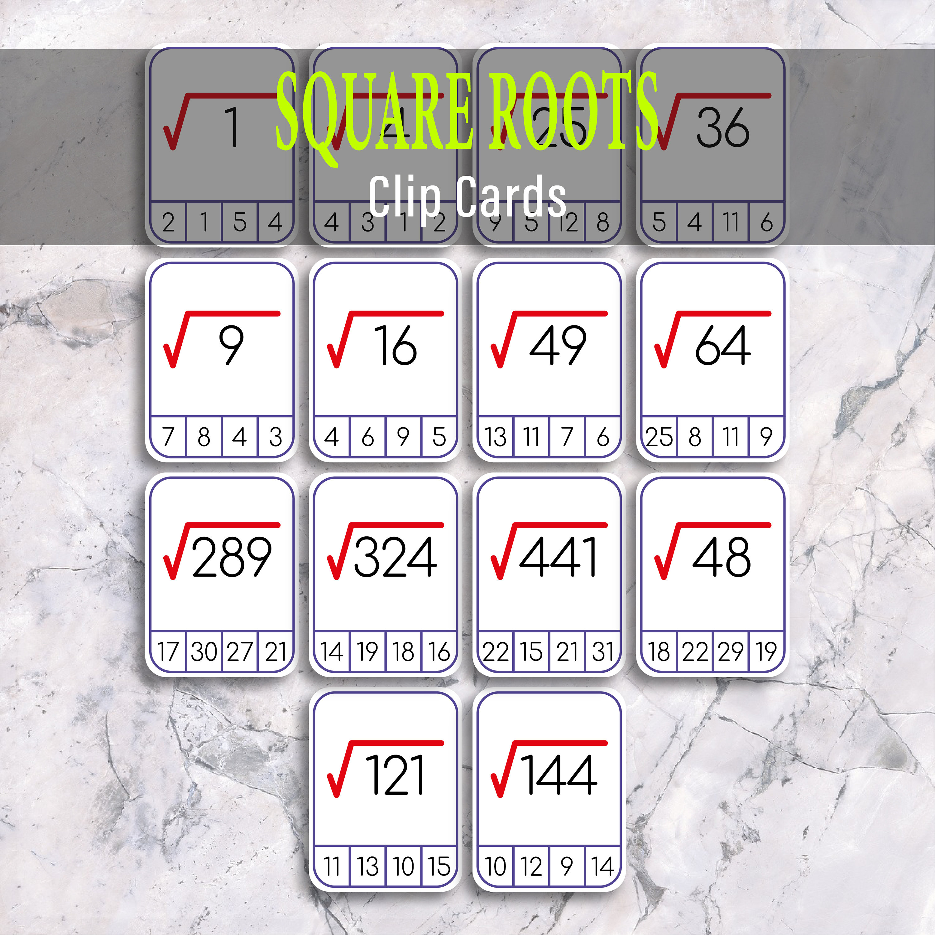 SQUARE ROOTS (32 Cards) Clip Cards, Math Flash Cards, Printable Toddler ...