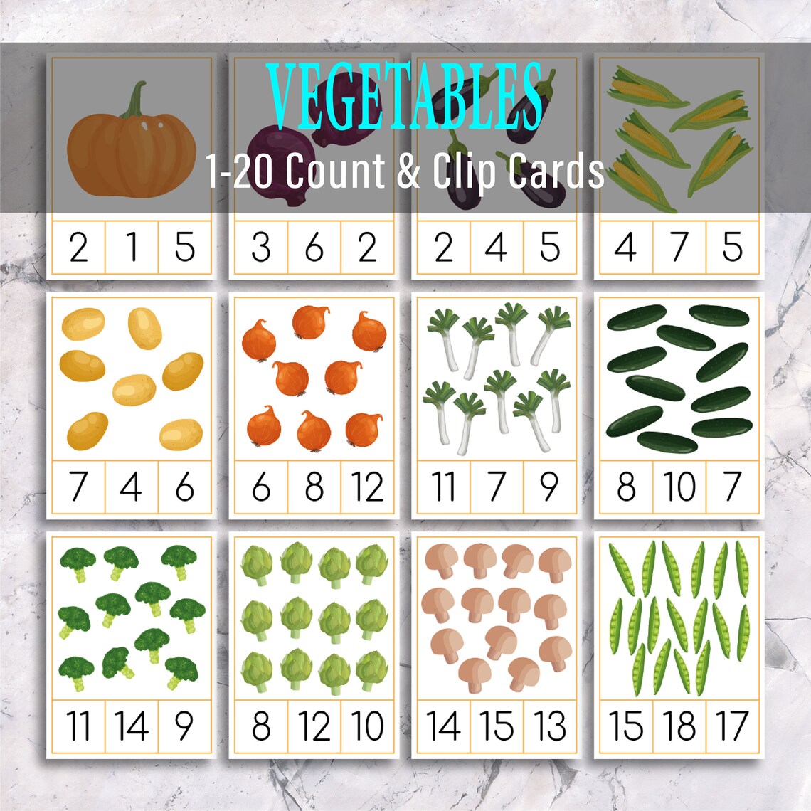 VEGETABLES 1-20 Count and Clip Cards Printable Number Toddler - Etsy