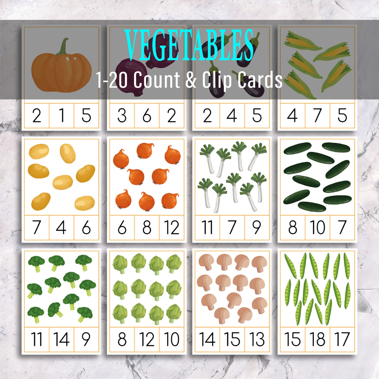 VEGETABLES 1-20 Count and Clip Cards Printable Number Toddler - Etsy