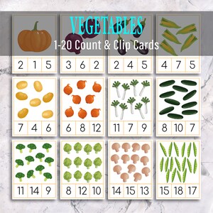 VEGETABLES 1-20 Count and Clip Cards Printable Number Toddler Busy Book ...