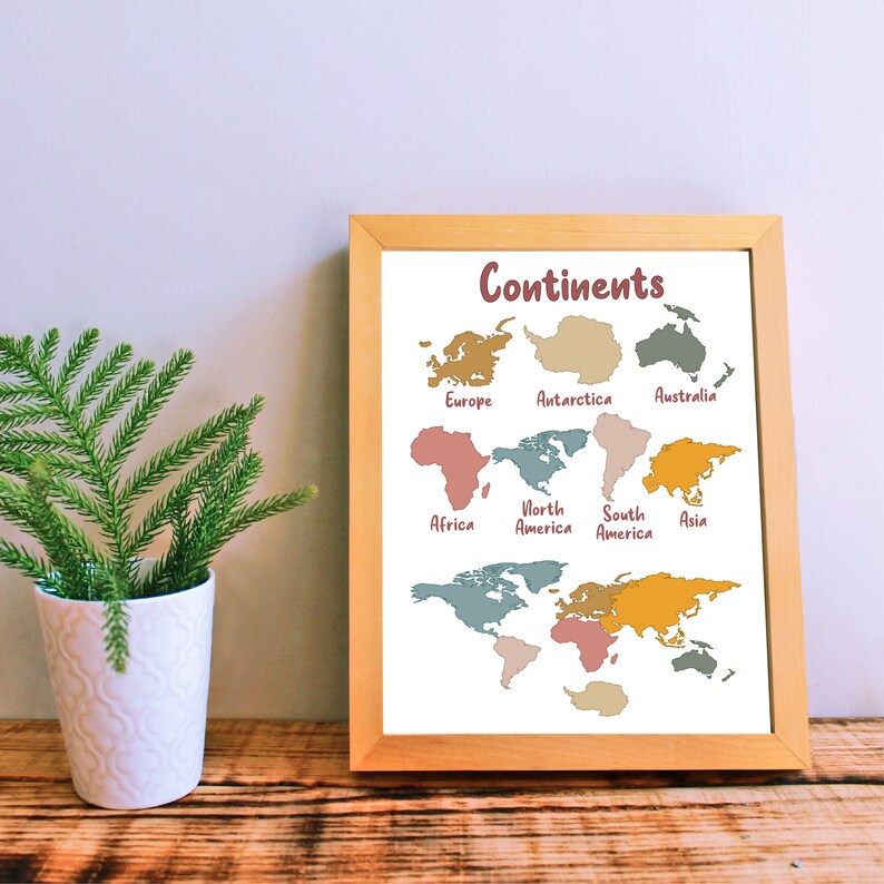 Continents of the World Map Printable Poster, Homeschool Kids Decor ...