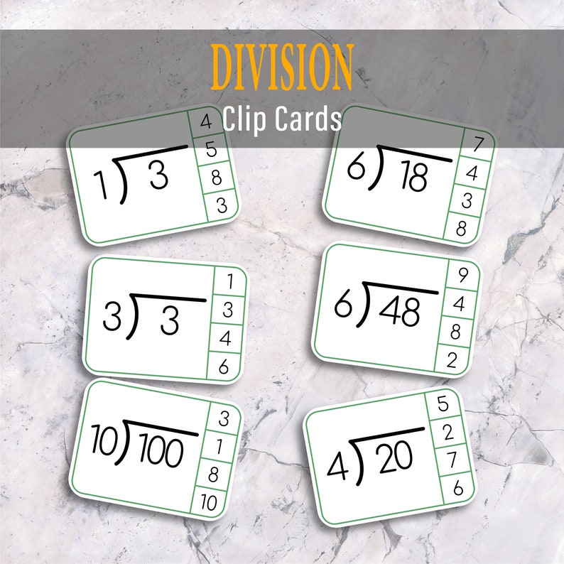 DIVISION (100 Cards) Clip Cards, Math Flash Cards, Printable Toddler ...