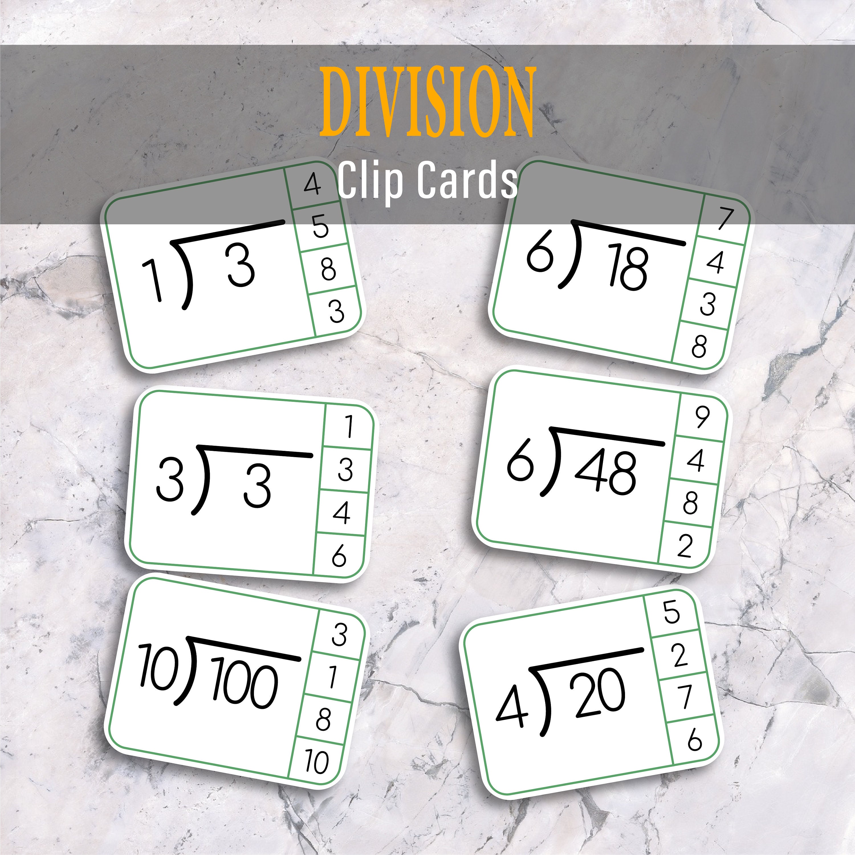 DIVISION (100 Cards) Clip Cards, Math Flash Cards, Printable Toddler ...