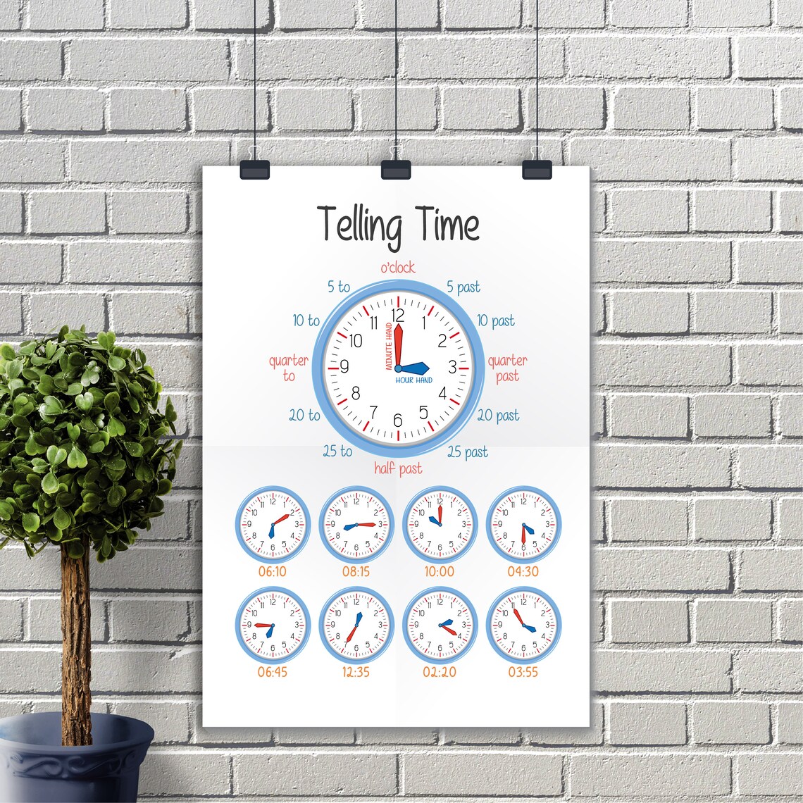 Telling Time Poster, Printable Clock, Kids Learning Game, Homeschool ...