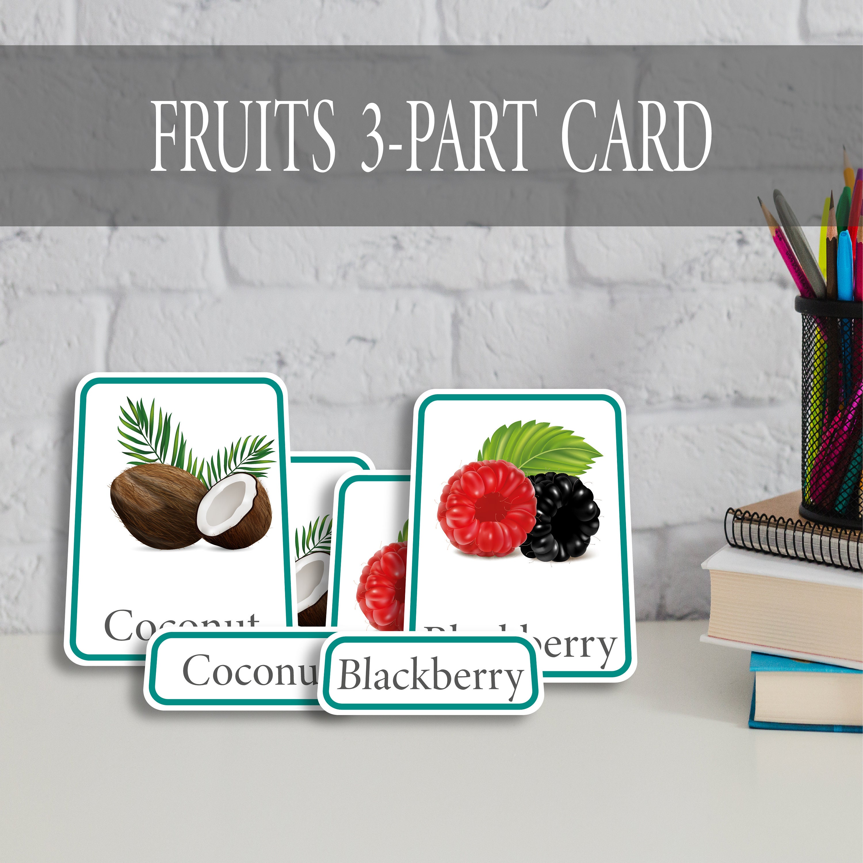 FRUITS Three Part Flash Cards, Montessori Preschool Toddler Flashcard ...
