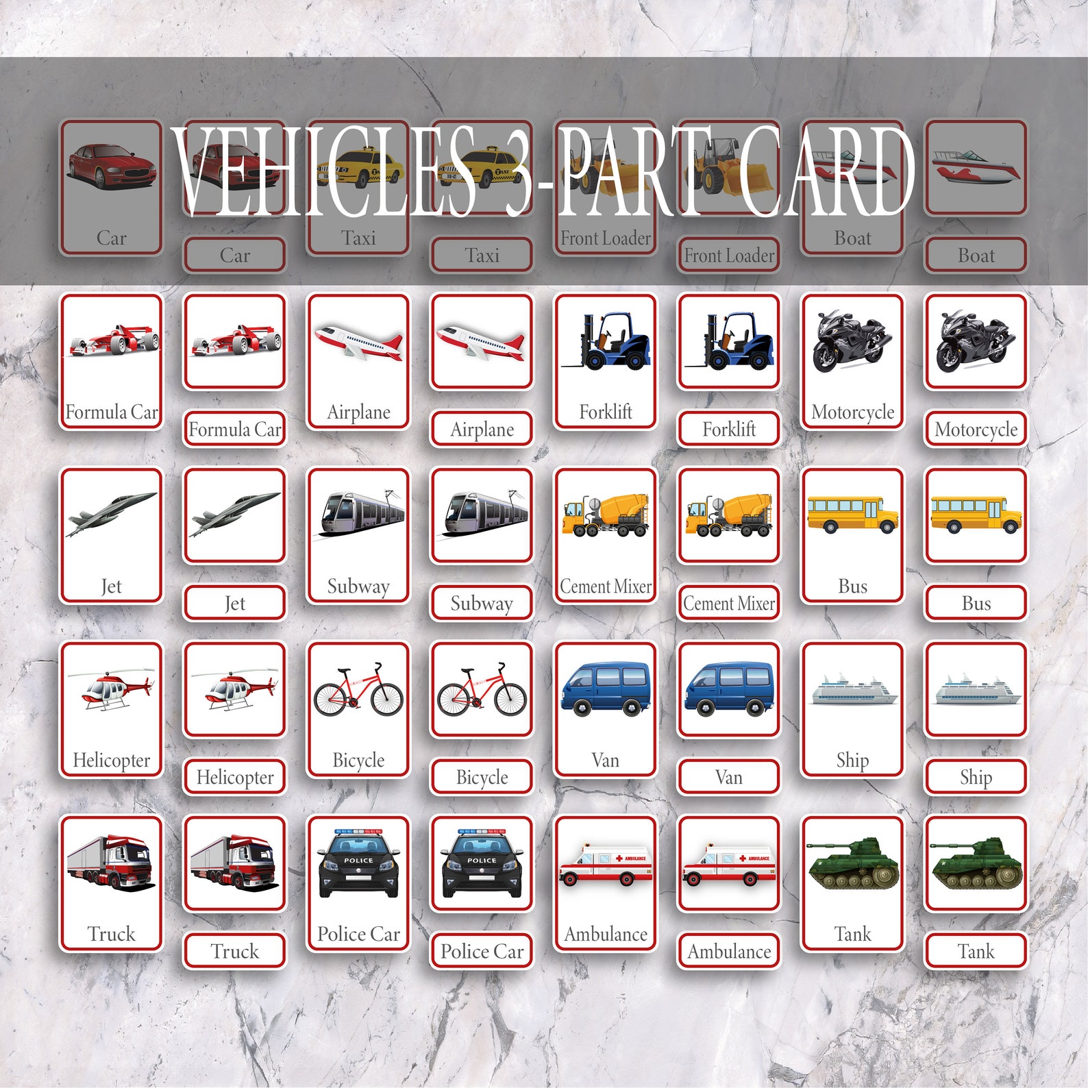 VEHICLES Three Part Flash Cards, Montessori Toddler Flashcard for Kid ...