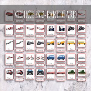 VEHICLES Three Part Flash Cards, Montessori Toddler Flashcard for Kid ...
