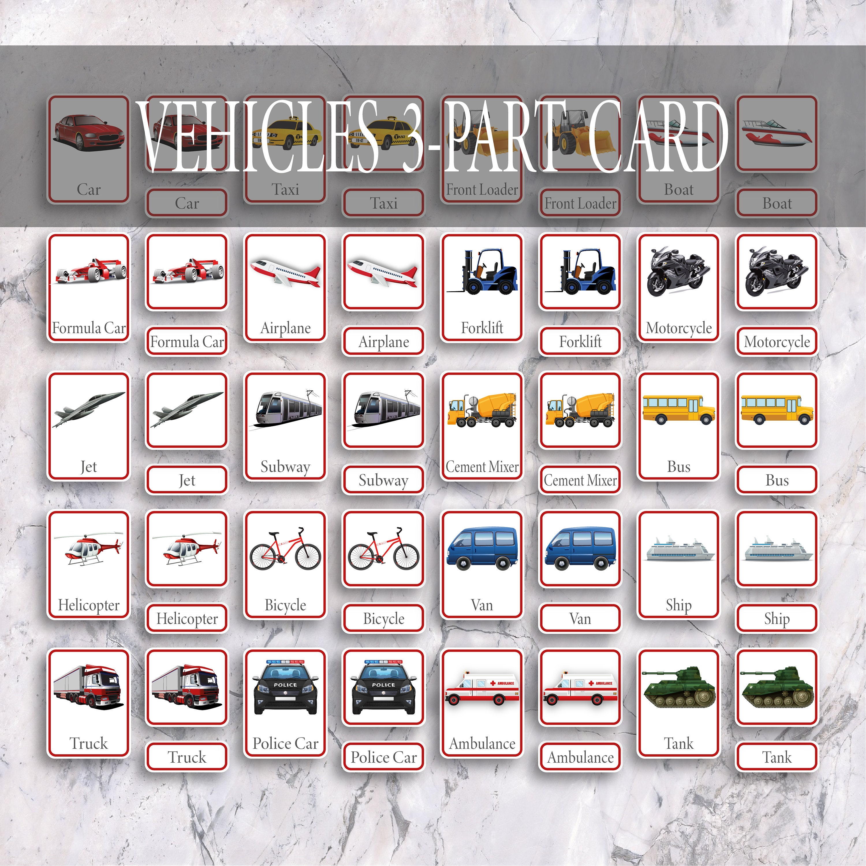 Vehicles Flash Cards: Montessori Three Part Cards (PDF) - Etsy