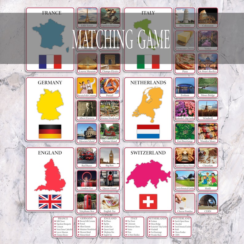 European Countries Matching Game Cards: Montessori Learning (printable ...