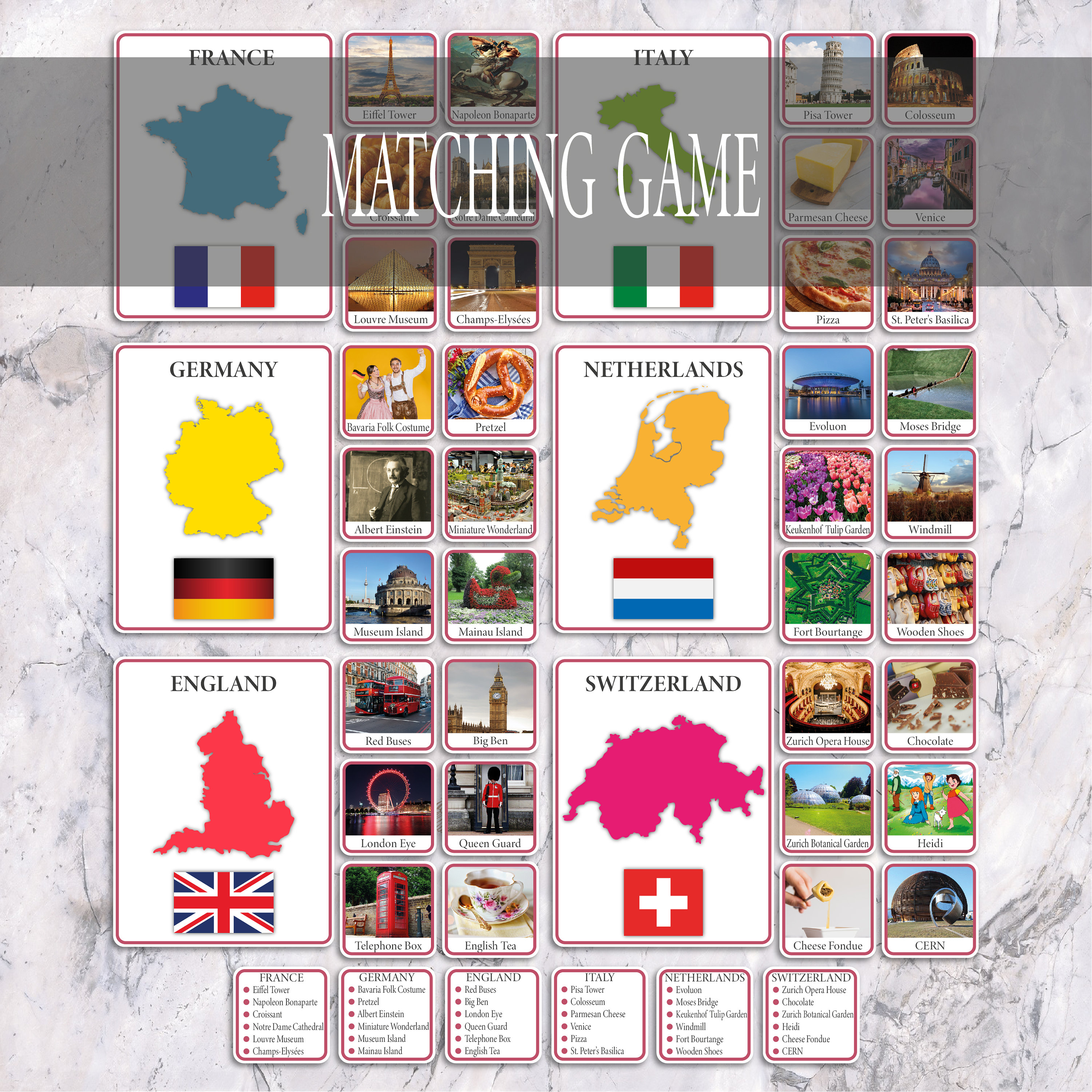 European Countries Matching Game Cards: Montessori Learning (printable ...