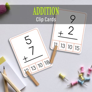 ADDITION (100 Cards) Clip Cards, Math Flash Cards, Printable Toddler ...