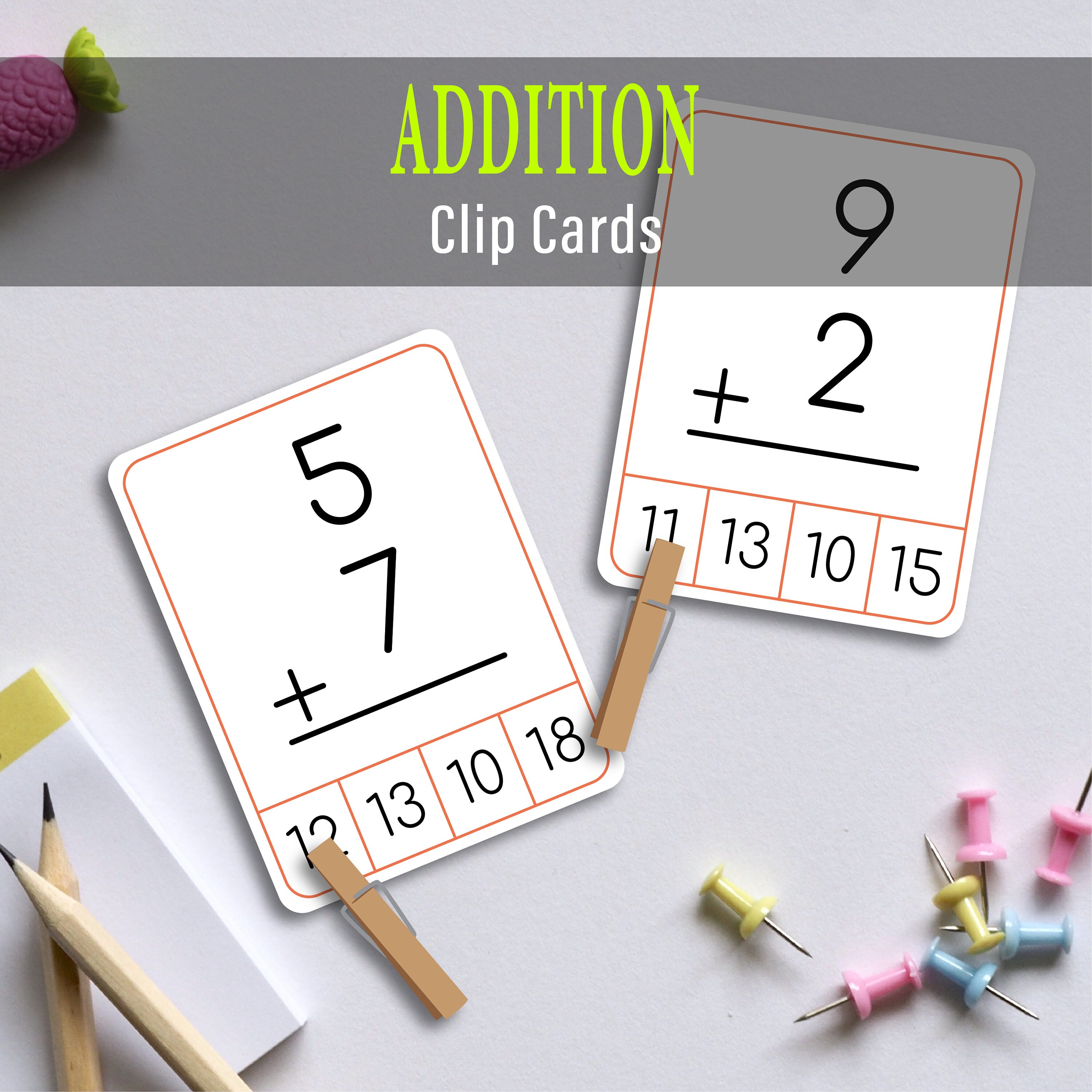 ADDITION 100 Cards Clip Cards, Math Flash Cards, Printable Toddler Busy ...