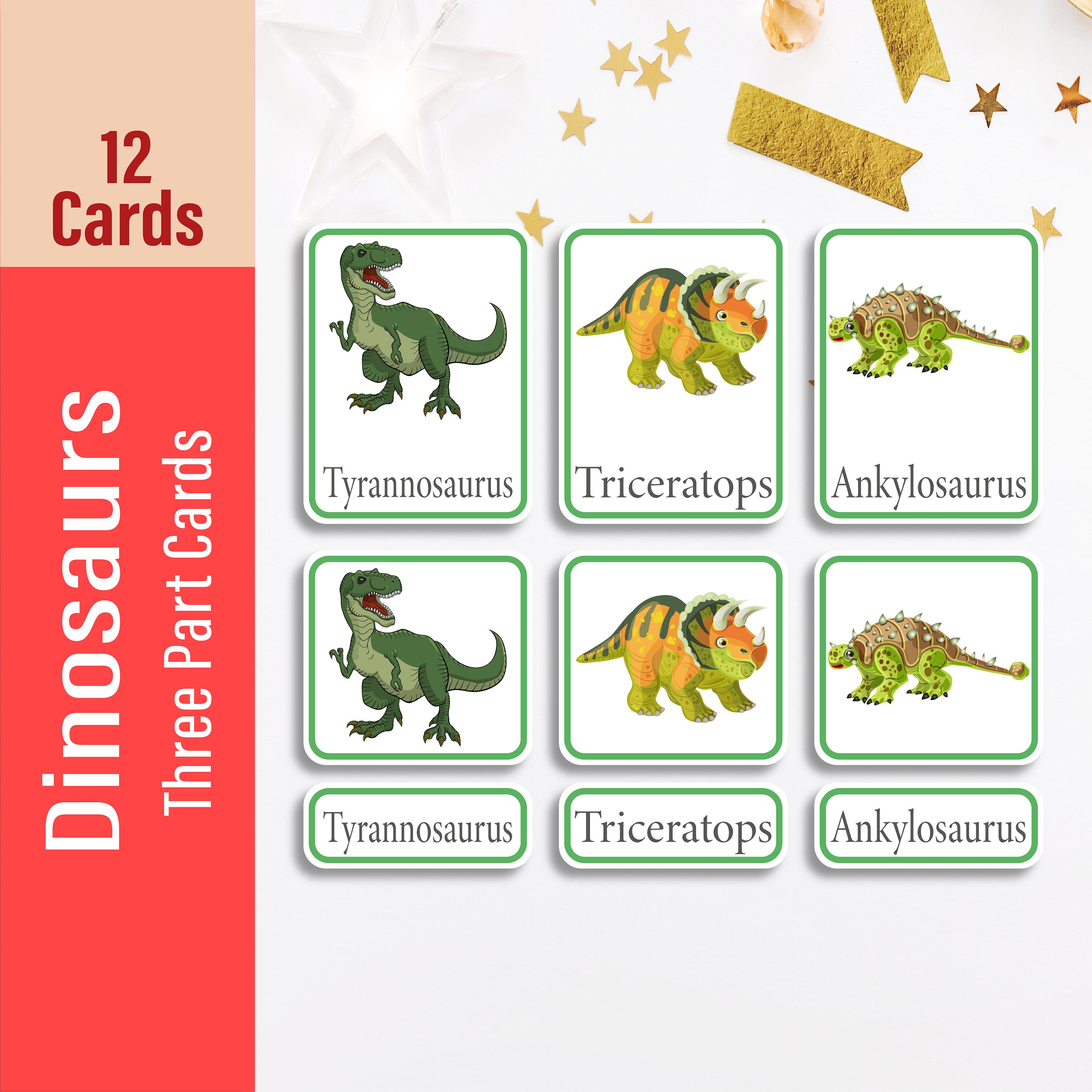 DINOSAURS Three Part Flash Cards, Montessori Printable Flashcards ...