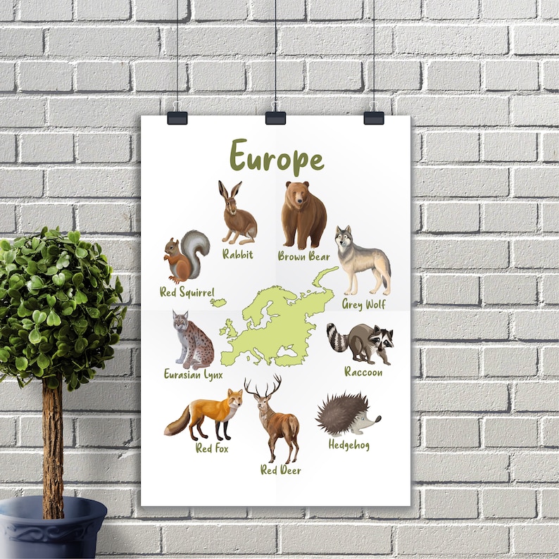 Europe Animal Map Poster: Montessori Kids Classroom Decor (digital ...