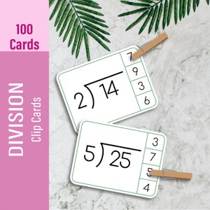 DIVISION (100 Cards) Clip Cards, Math Flash Cards, Printable Toddler ...