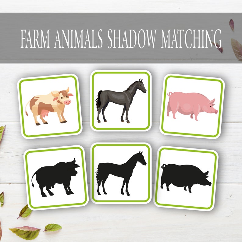 Farm Animals Shadow Matching Game Cards, Montessori Toddler Matching ...