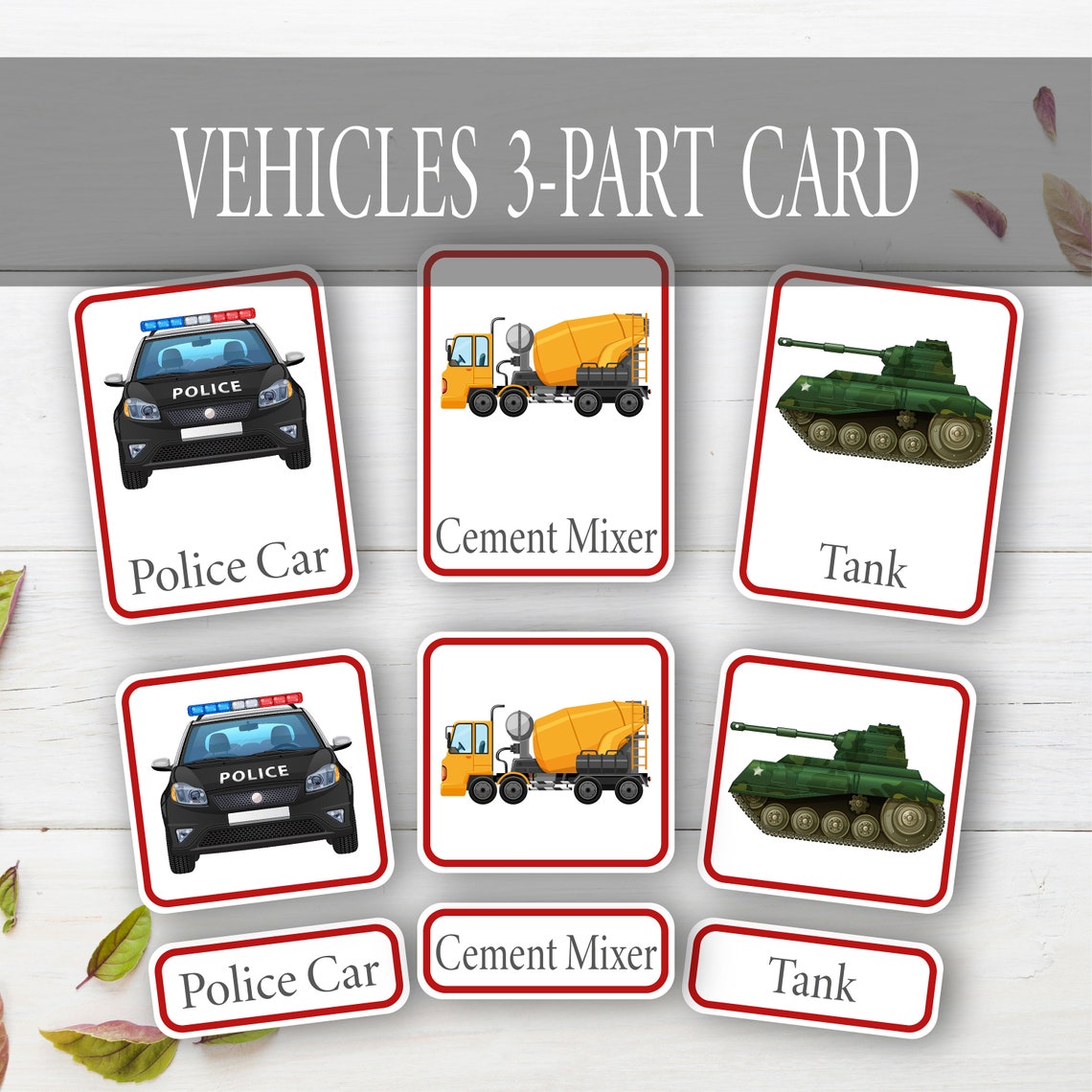 VEHICLES Three Part Flash Cards Montessori Toddler Flashcard - Etsy