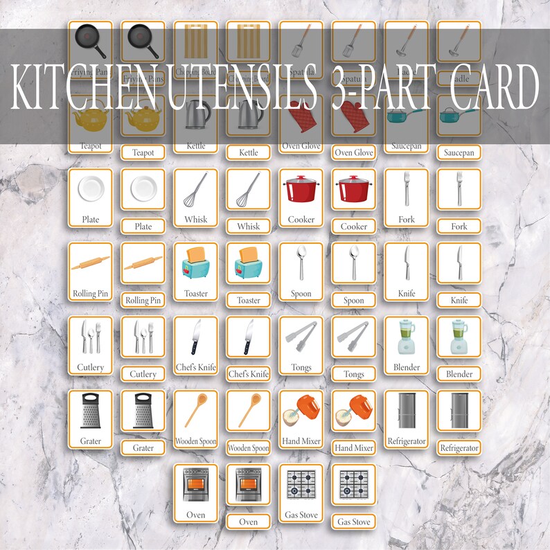 KITCHEN APPLIANCES Utensils Three Part Flash Cards, Montessori Toddler ...