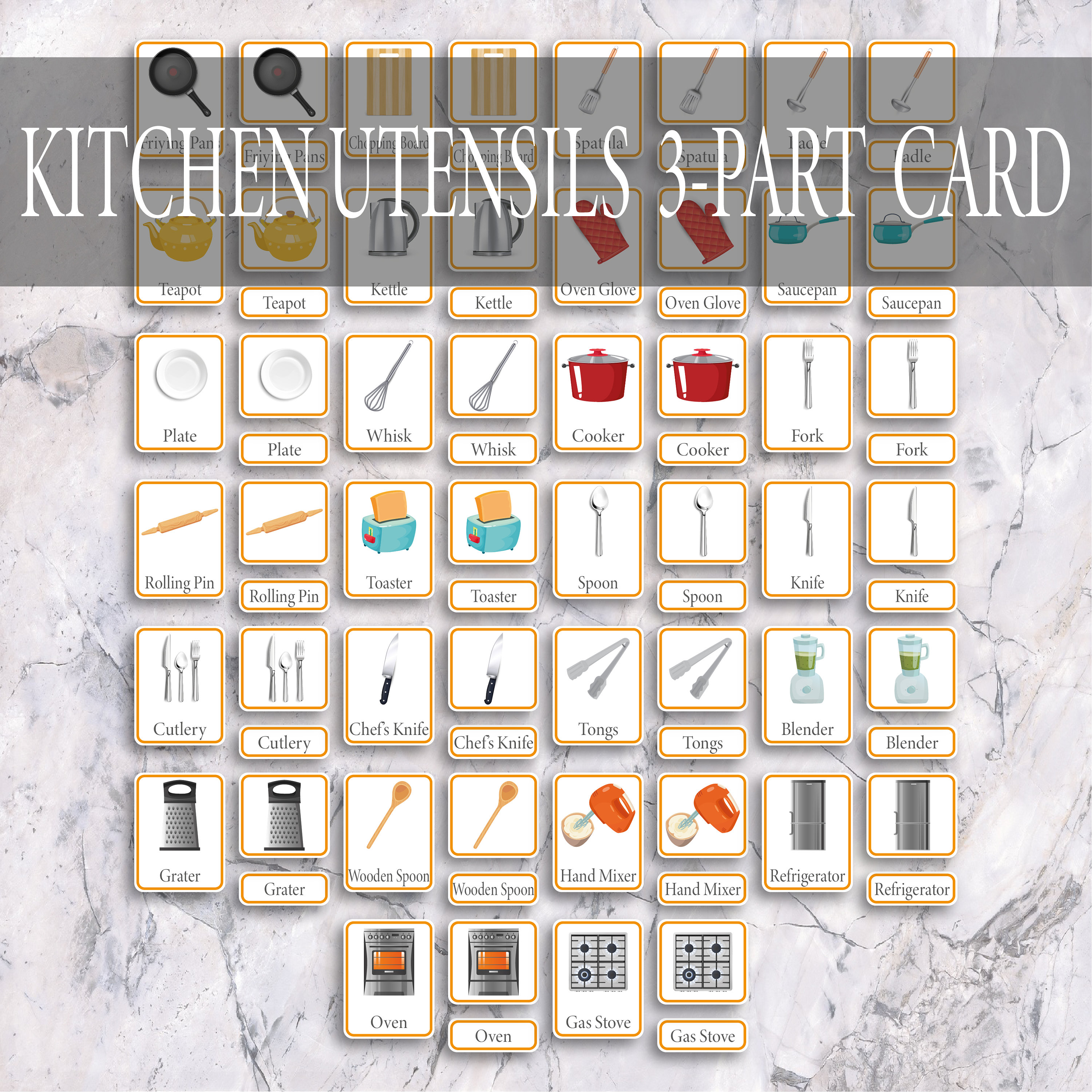 KITCHEN APPLIANCES Utensils Three Part Flash Cards, Montessori Toddler ...