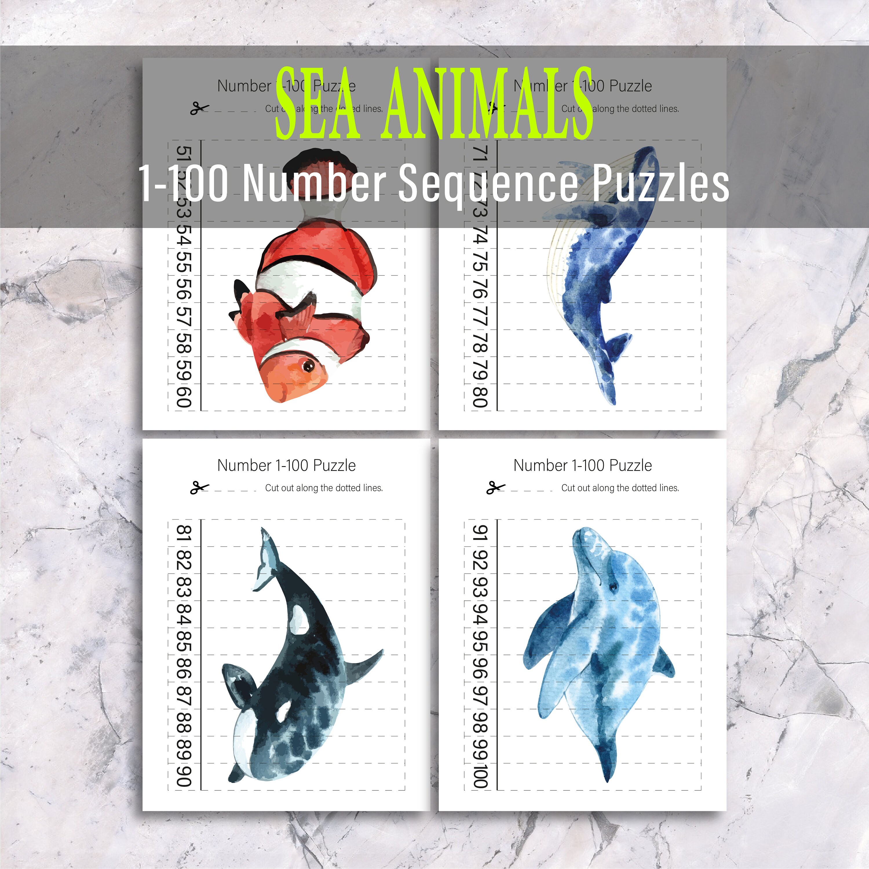 SEA ANIMALS Sequence Puzzle Printable Number Counting Puzzle Toddler ...