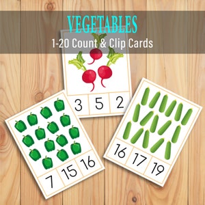 VEGETABLES 1-20 Count and Clip Cards Printable Number Toddler Busy Book ...