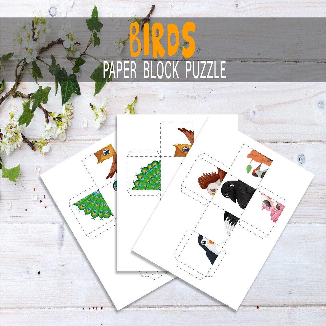BIRDS Puzzle Paper Cubes Printable Blocks Toddler Busy Book, Montessori ...