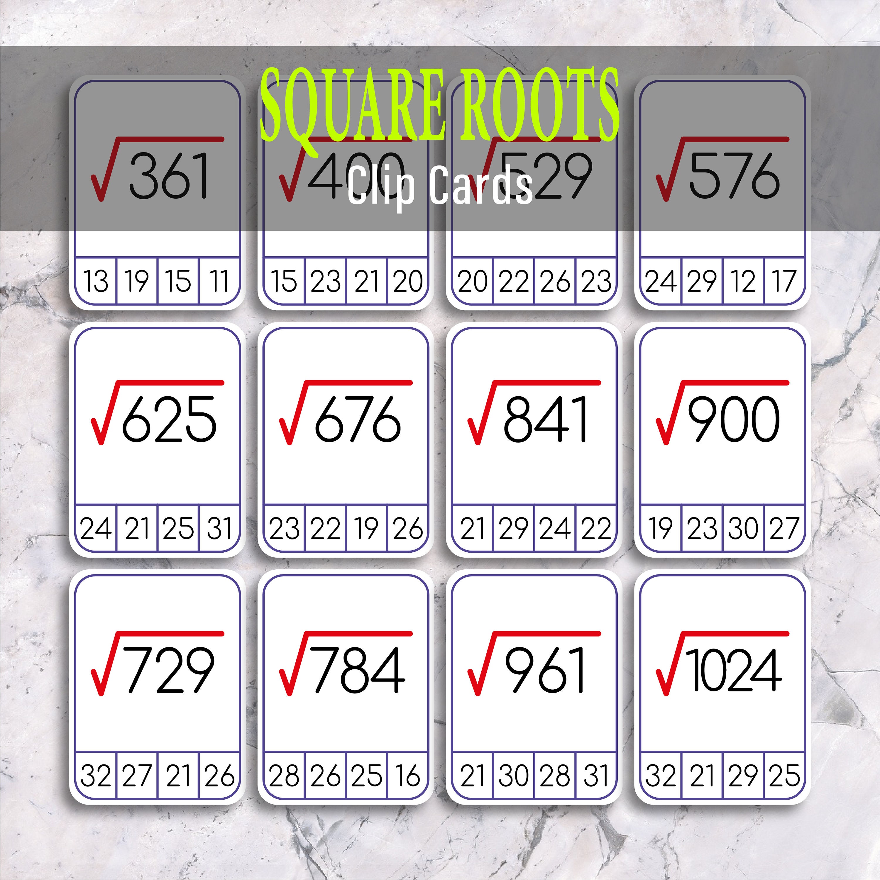 SQUARE ROOTS (32 Cards) Clip Cards, Math Flash Cards, Printable Toddler ...