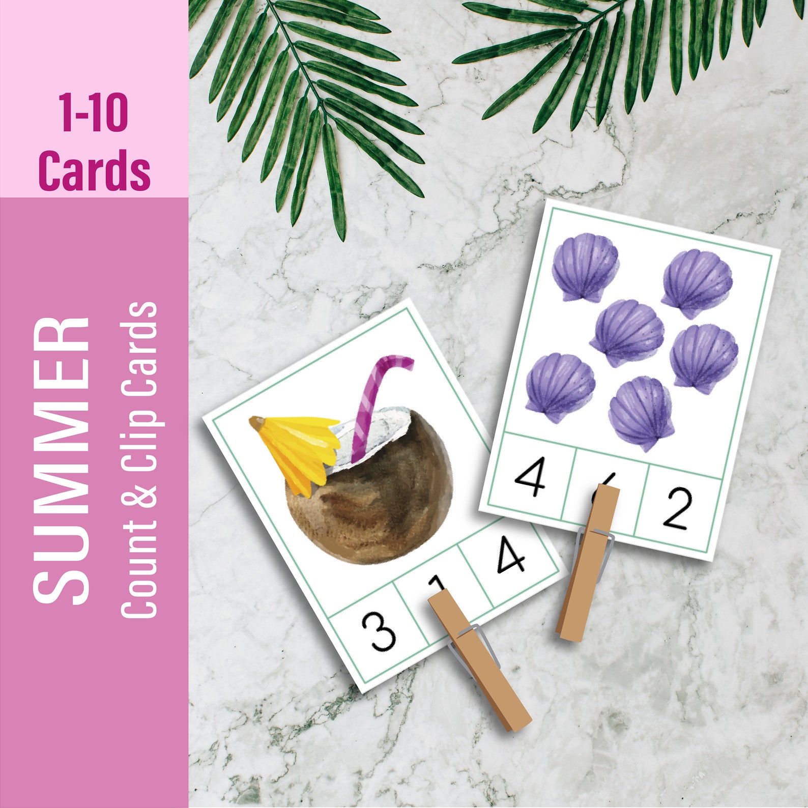 SUMMER 1-10 Count and Clip Cards Watercolor Printable Number Toddler ...