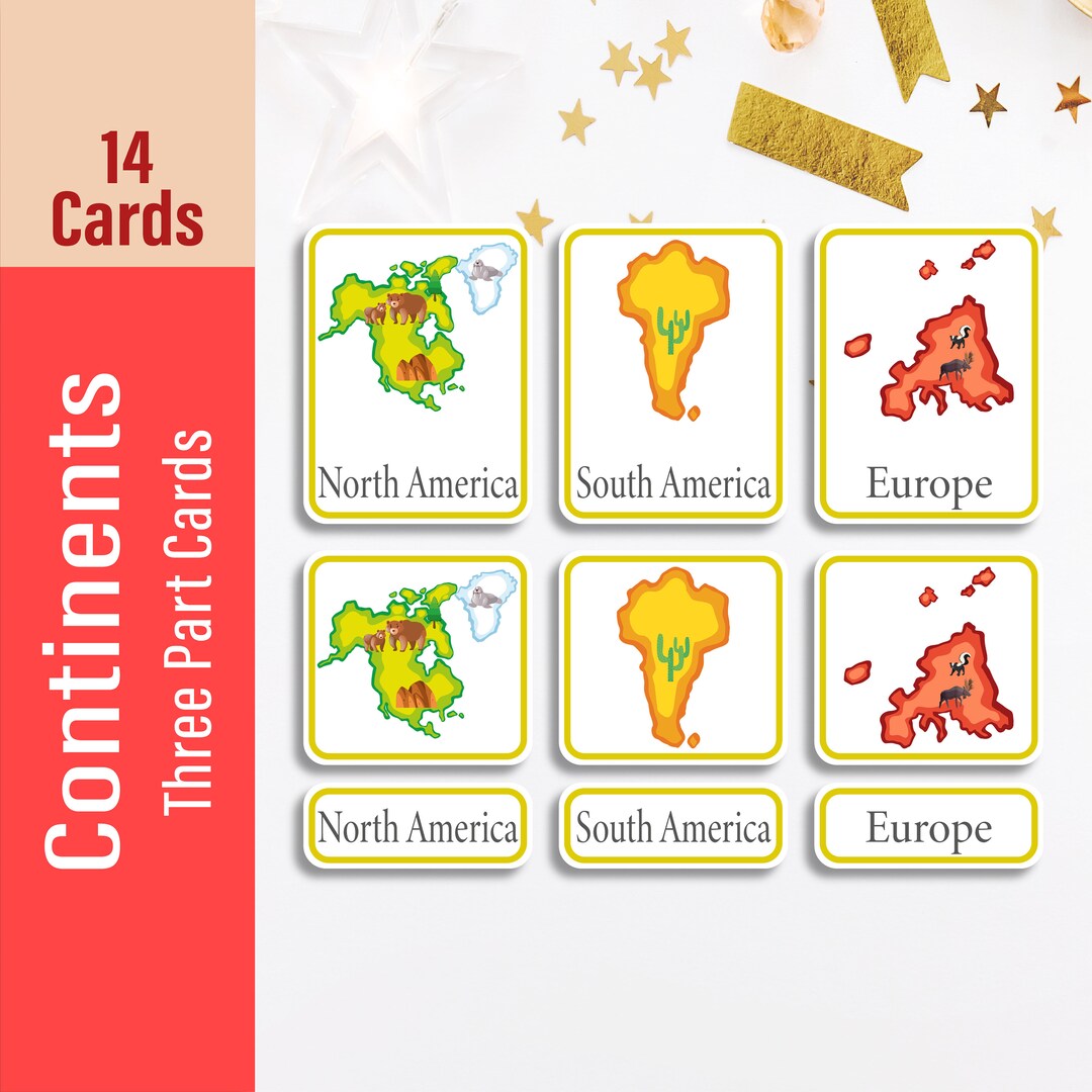 CONTINENTS of the WORLD Three Part Flash Cards, Printable World Map ...